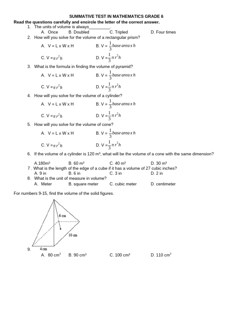 Summative Test in Mathematics Grade 6 | PDF | Volume | Area