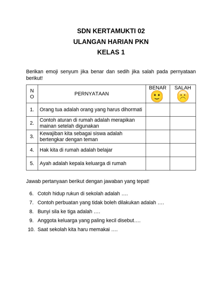 06_UH KELAS 1 PKN | PDF