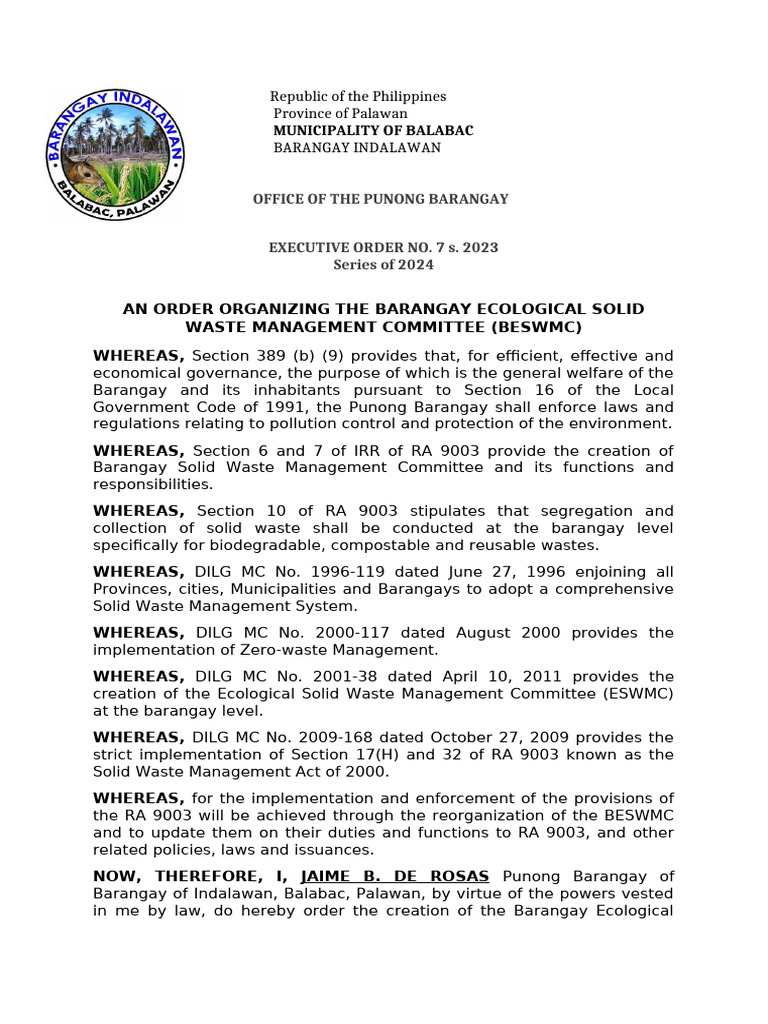 Barangay Ecological Solid Waste Management | PDF | Waste Management ...