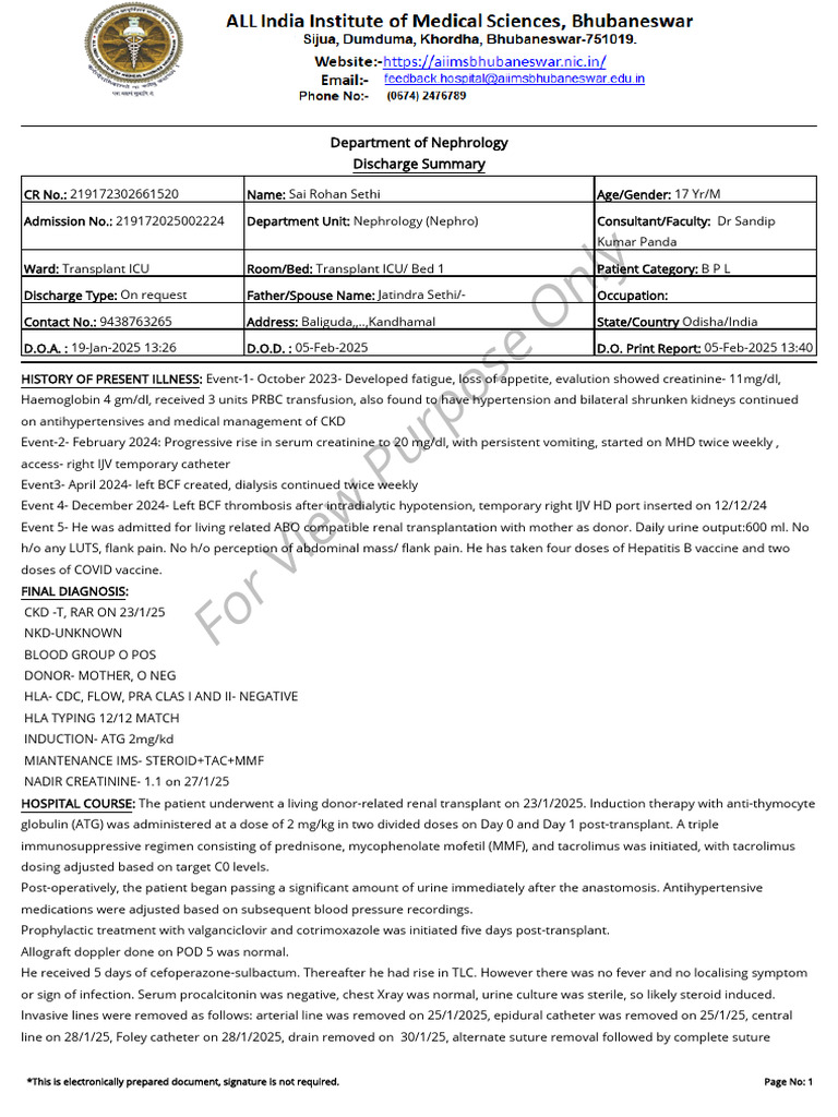 For View Purpose Only: Department of Nephrology Discharge Summary | PDF ...