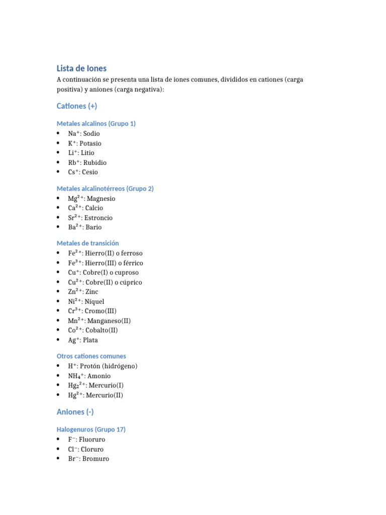 Lista de Iones Comunes | PDF