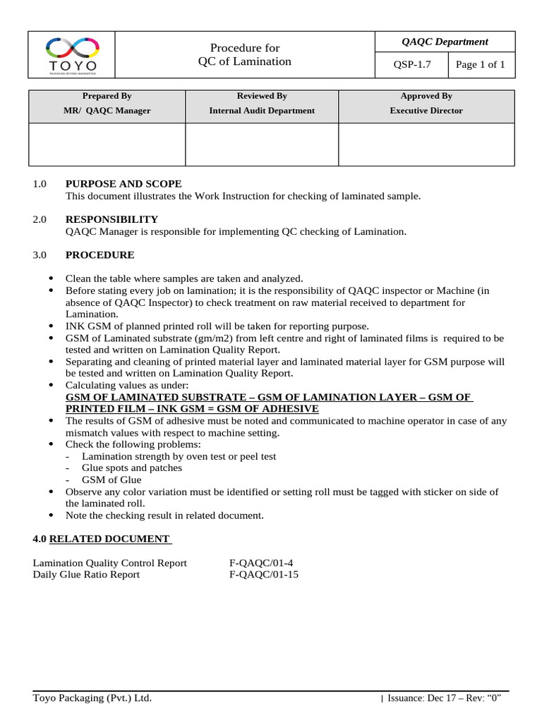 6-QAQC-3-04 W.I For QC Checking of Lamination 1.7.0 | PDF