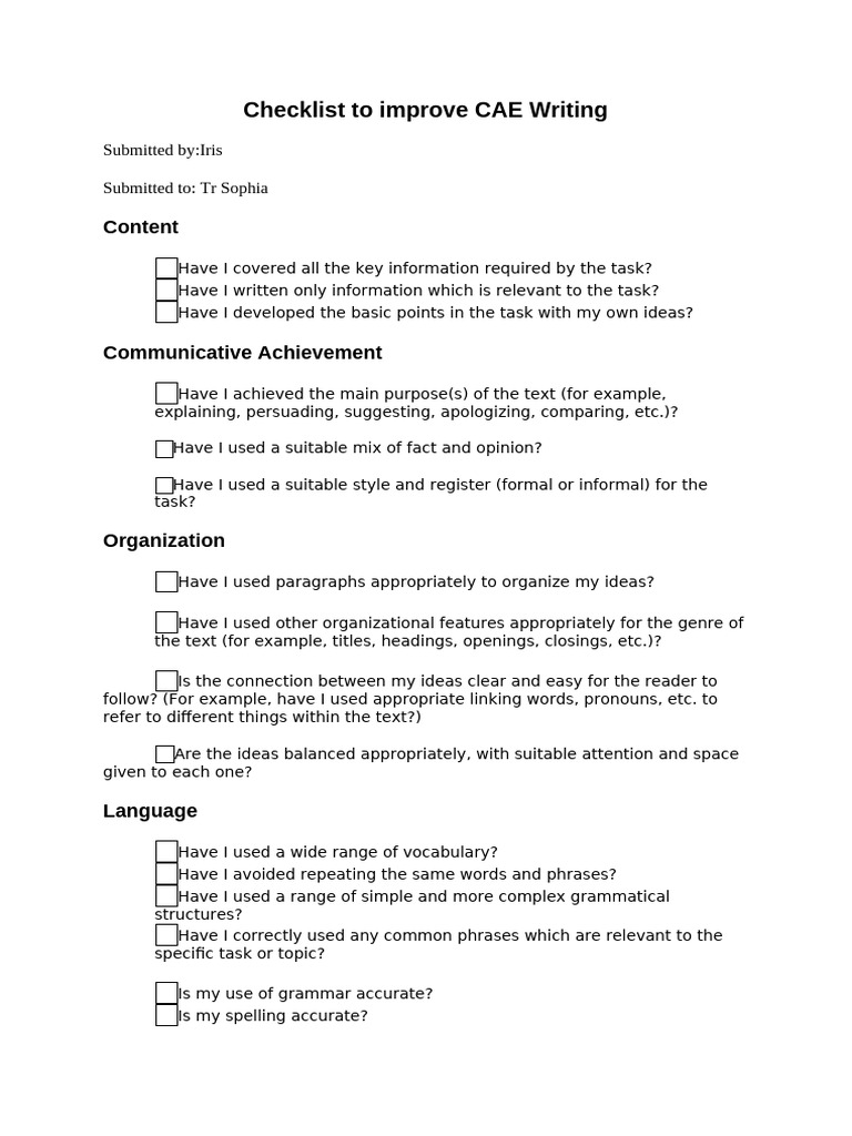 Checklist To Improve CAE Writing-By Sophia 1 | PDF