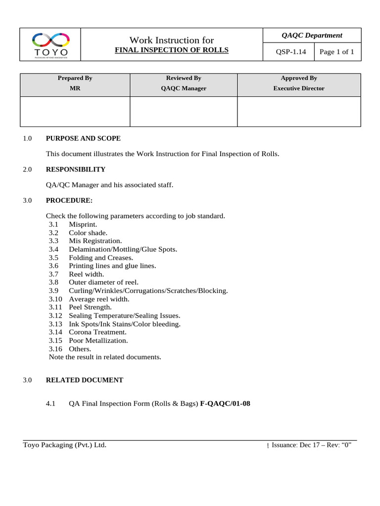 Final Inspection Work Instruction for Rolls | PDF