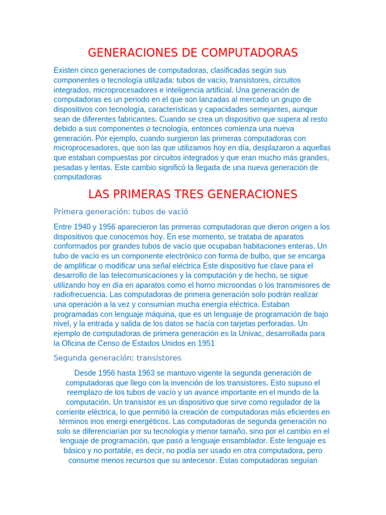 Evolución de Generaciones de Computadoras | PDF | Hardware de la ...