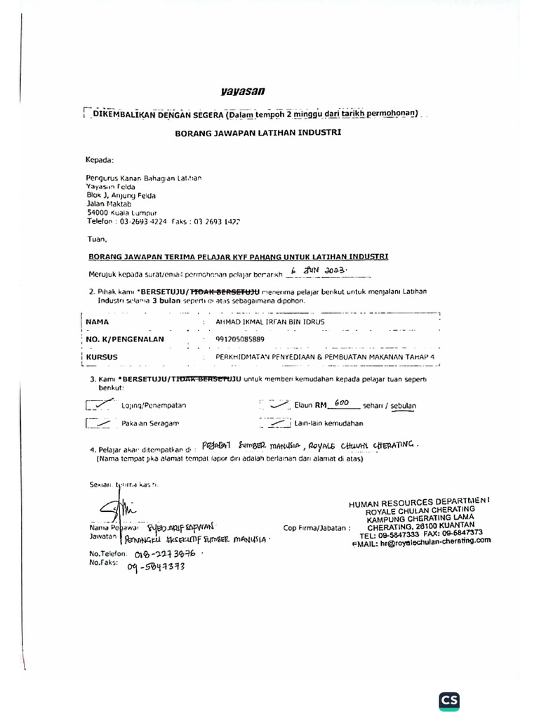 Surat Penempatan Latihan Industri | PDF