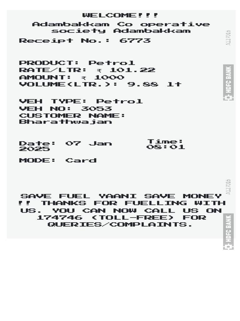 Adambakkam Petrol Receipt - ₹1000 | PDF