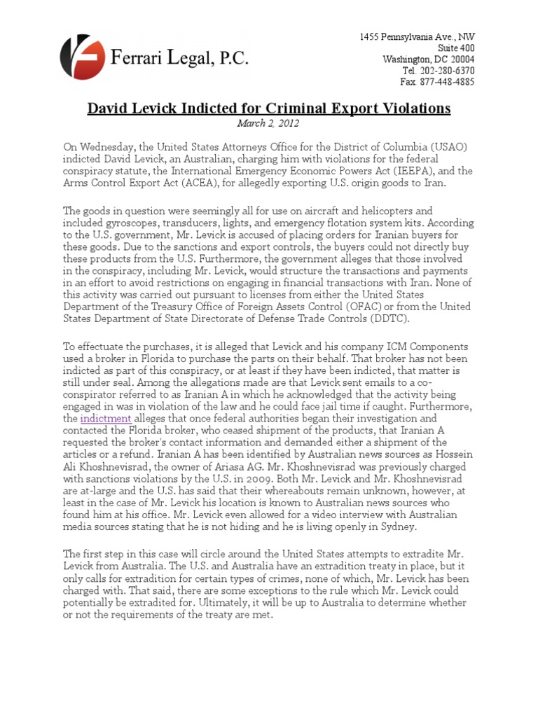 David Levick Indicted For Criminal Export Violations | PDF | Office Of ...