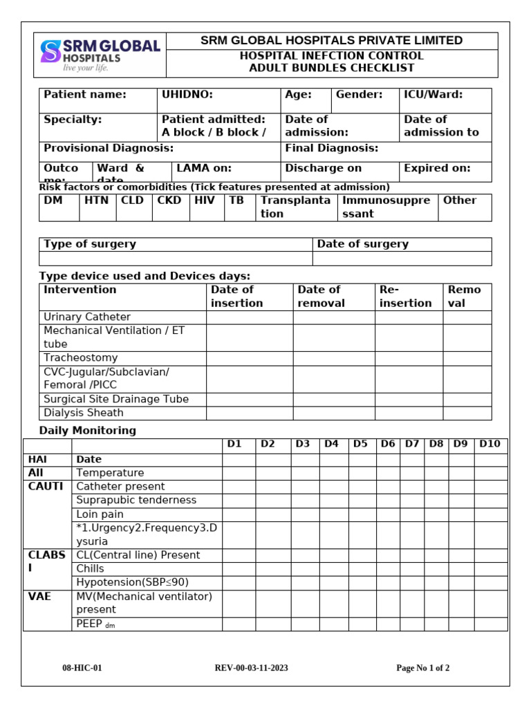 Hic Bundles Checklist - Adult | PDF | Intensive Care Unit | Health Care