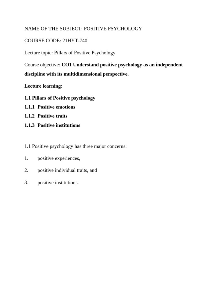Three Pillars of Positive Psychology | PDF | Positive Psychology ...