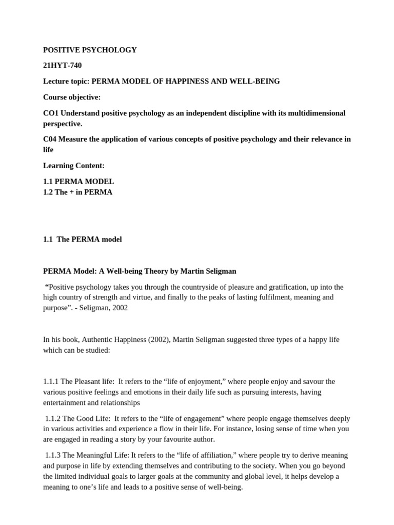 Positive Psychology Perma Model Lecture 13 14 15 and 16 | PDF | Positive Psychology | Optimism