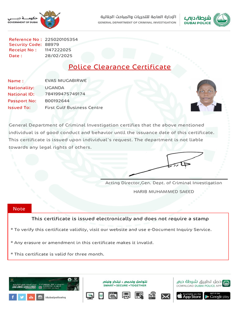 Evas' Dubai Police Clearance Certificate - 250228 - 083512 | PDF