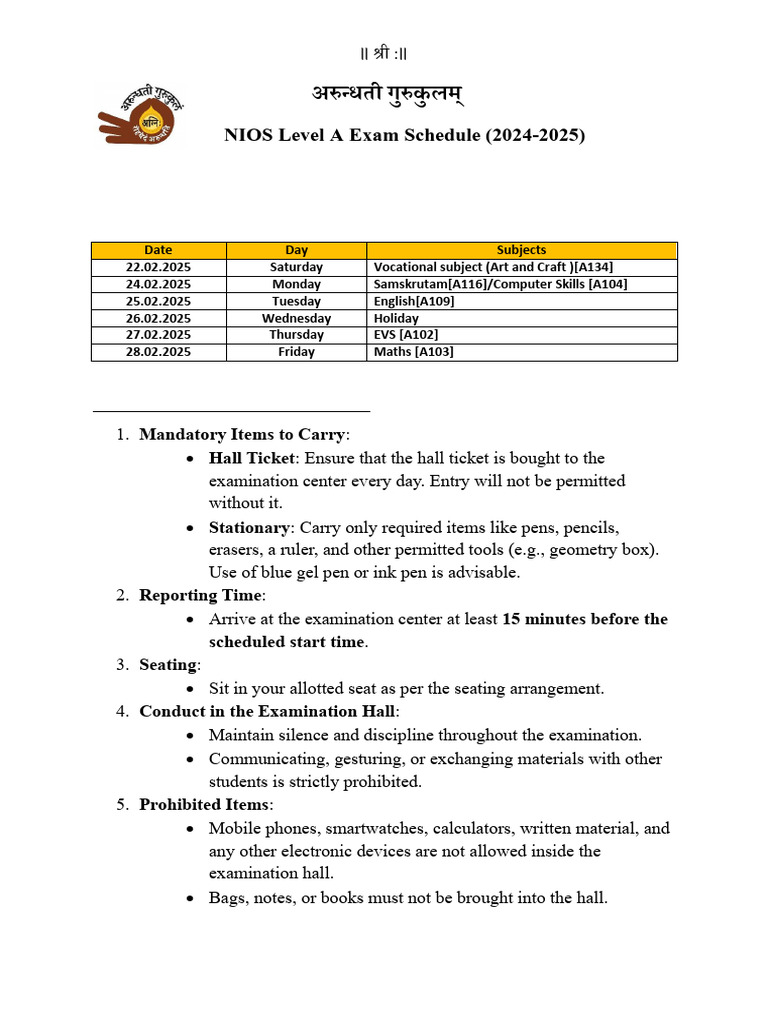 NIOS Level A Exam Schedule | PDF