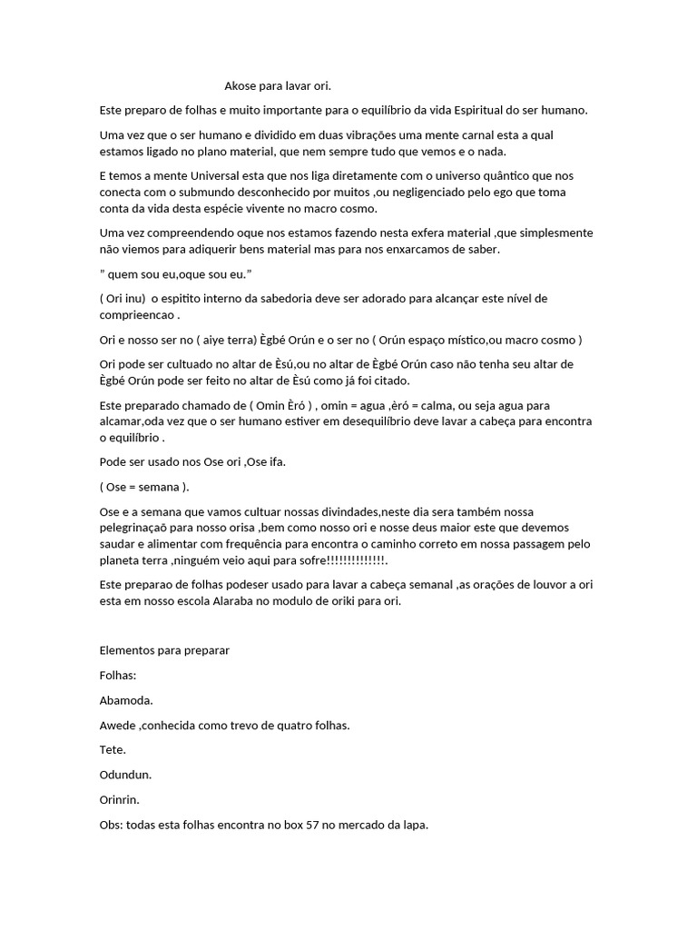 Akose para Lavar Ori | PDF