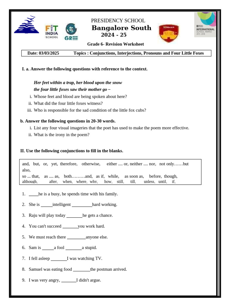 Grade 6 Revision: Conjunctions & Pronouns | PDF | Grammar | Linguistics