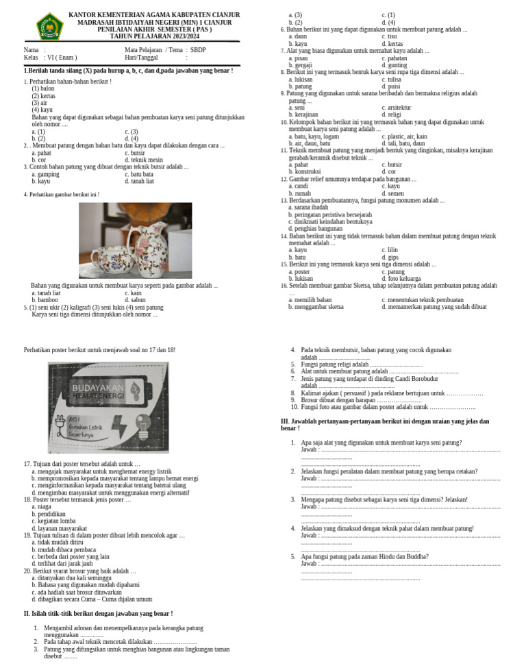 Soal PAS SBDP Kelas 6 MIN Cianjur | PDF