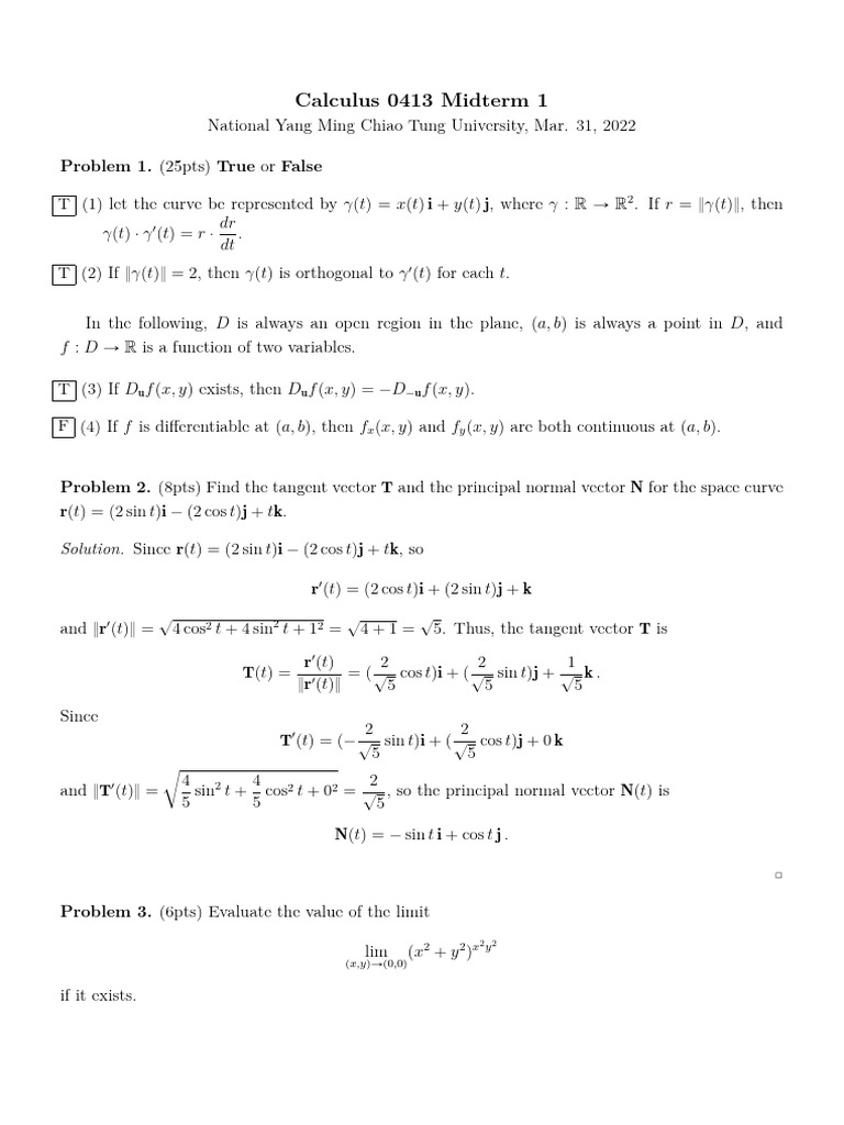 Cal Midterm1 102 NYCU Sol | PDF | Multivariable Calculus | Calculus