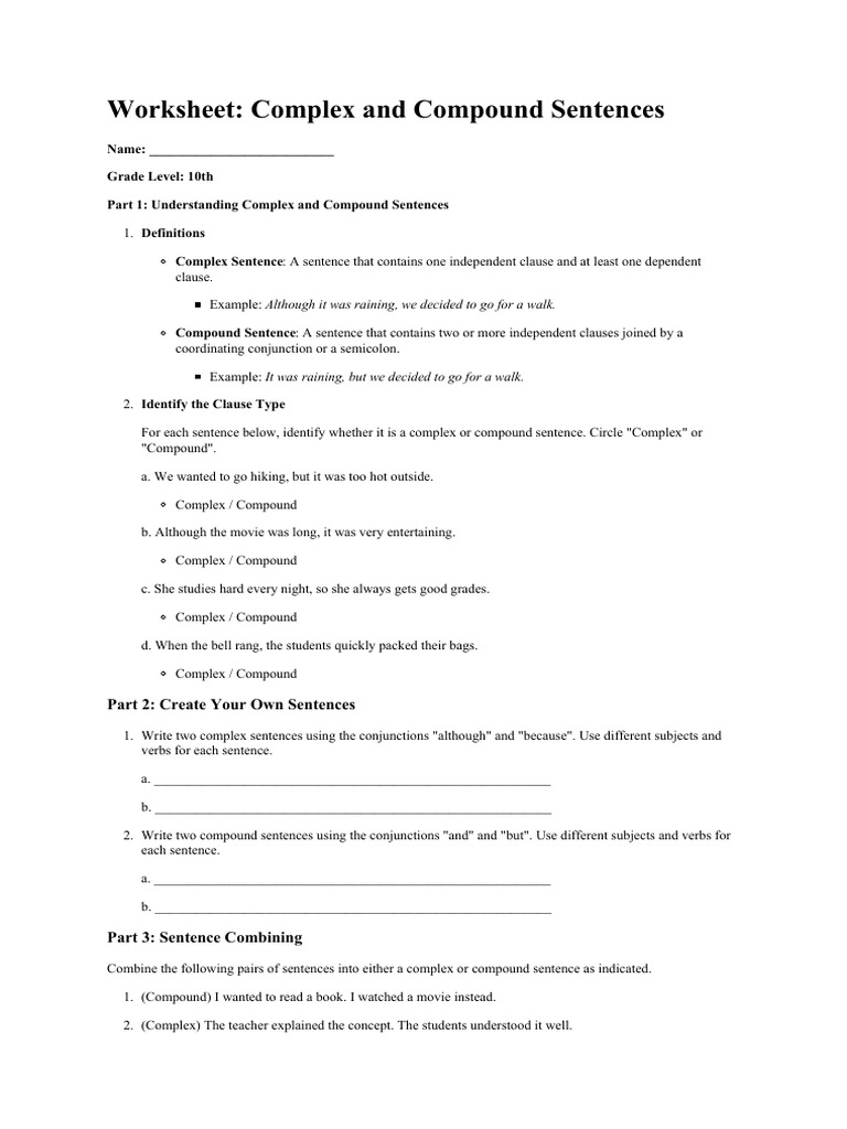 Worksheet - Complex and Compound Sentences | PDF | Linguistic Morphology | Linguistics