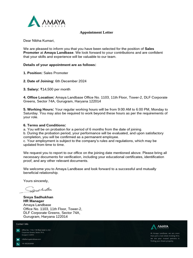 Sales Promoter Appointment Letter | PDF