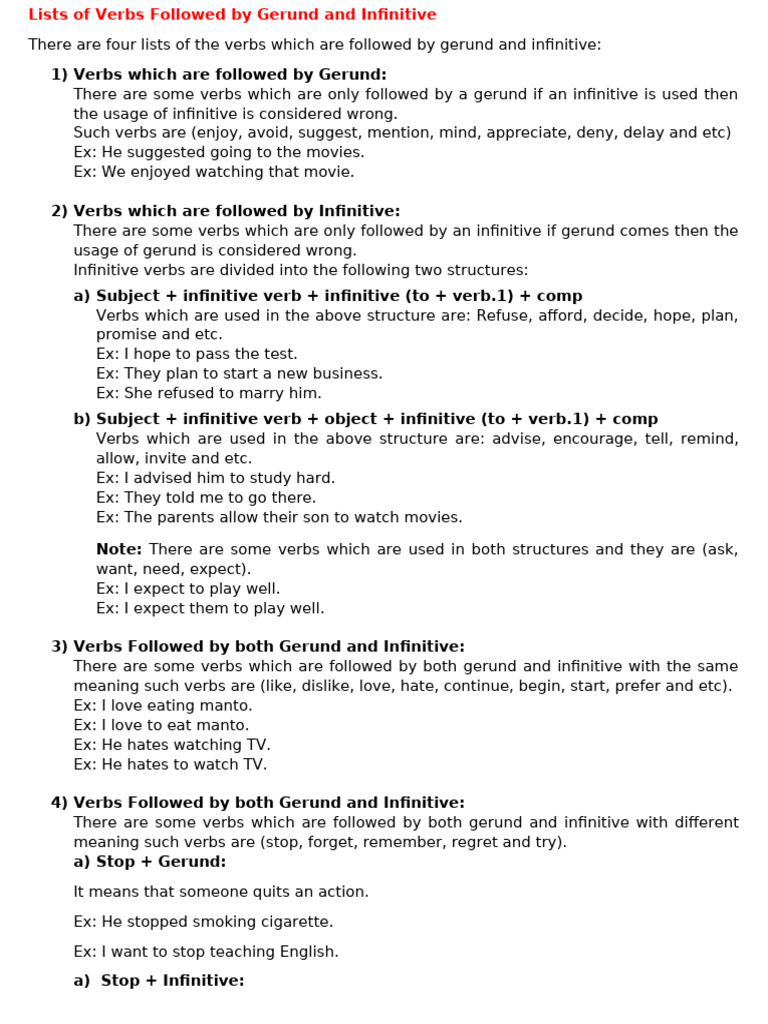 Lists of Verbs Followed by Gerund and Infinitive | PDF | Verb | Subject ...