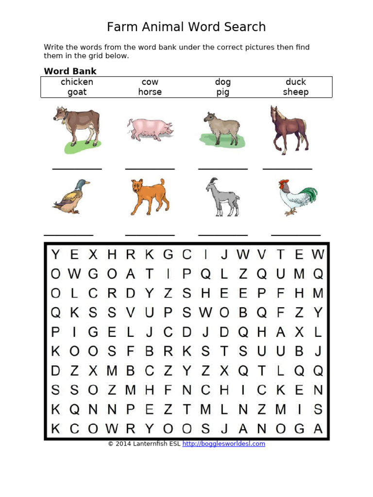 Farm Animal Word Search Puzzle | PDF