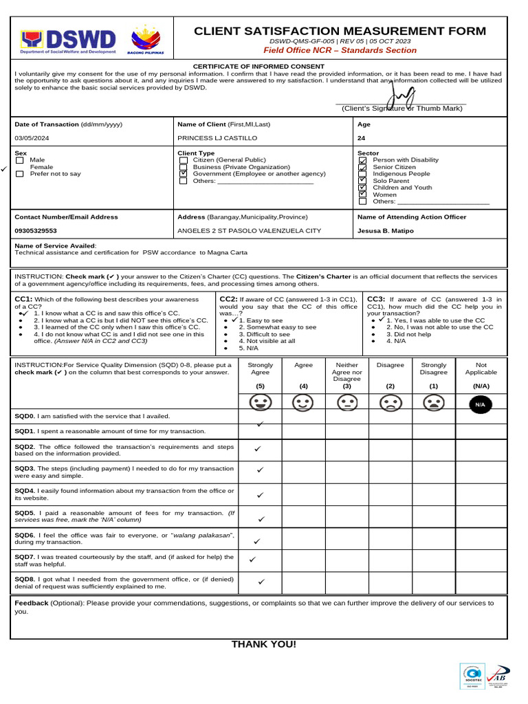 Client Satisfaction Measurement Form | PDF