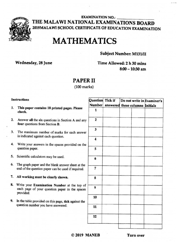 2019 Msce Mathematics Paper 2 | PDF