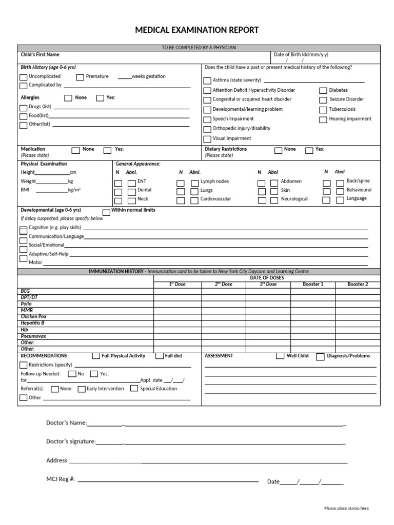 Medical Examination Form | PDF | Attention Deficit Hyperactivity ...