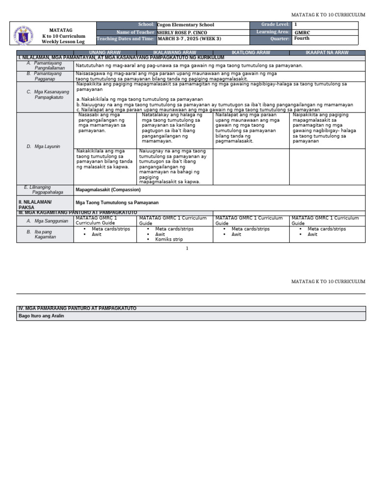 Dll-Matatag GMRC-1 Q4 W3 | PDF