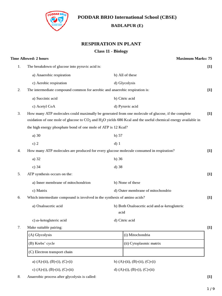 Respiration in Plant Cbse QP | PDF | Cellular Respiration | Adenosine ...