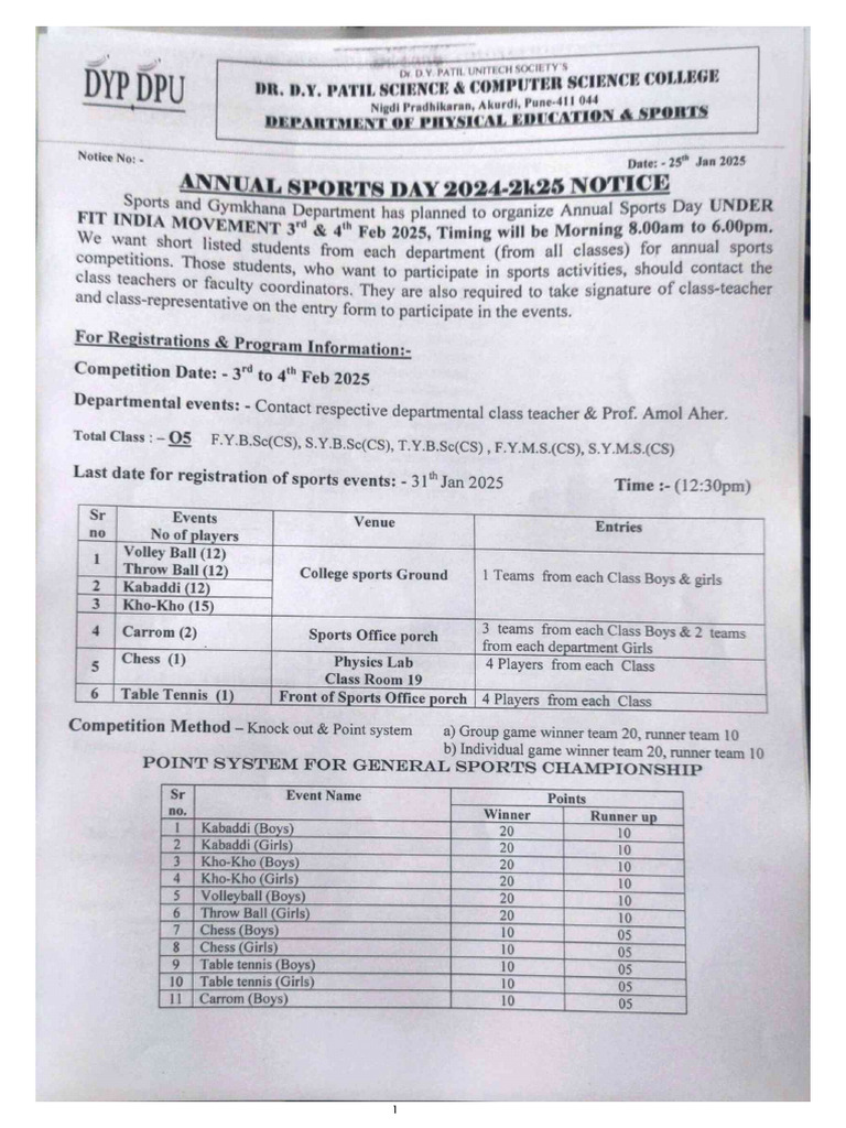 Annual Sports Day Notice 2024-25 | PDF