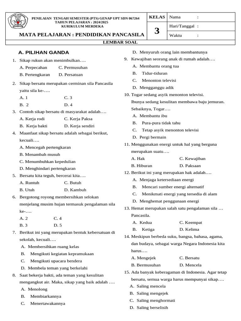 Format soal PTS kelas 3 PEND. PANCASILA | PDF