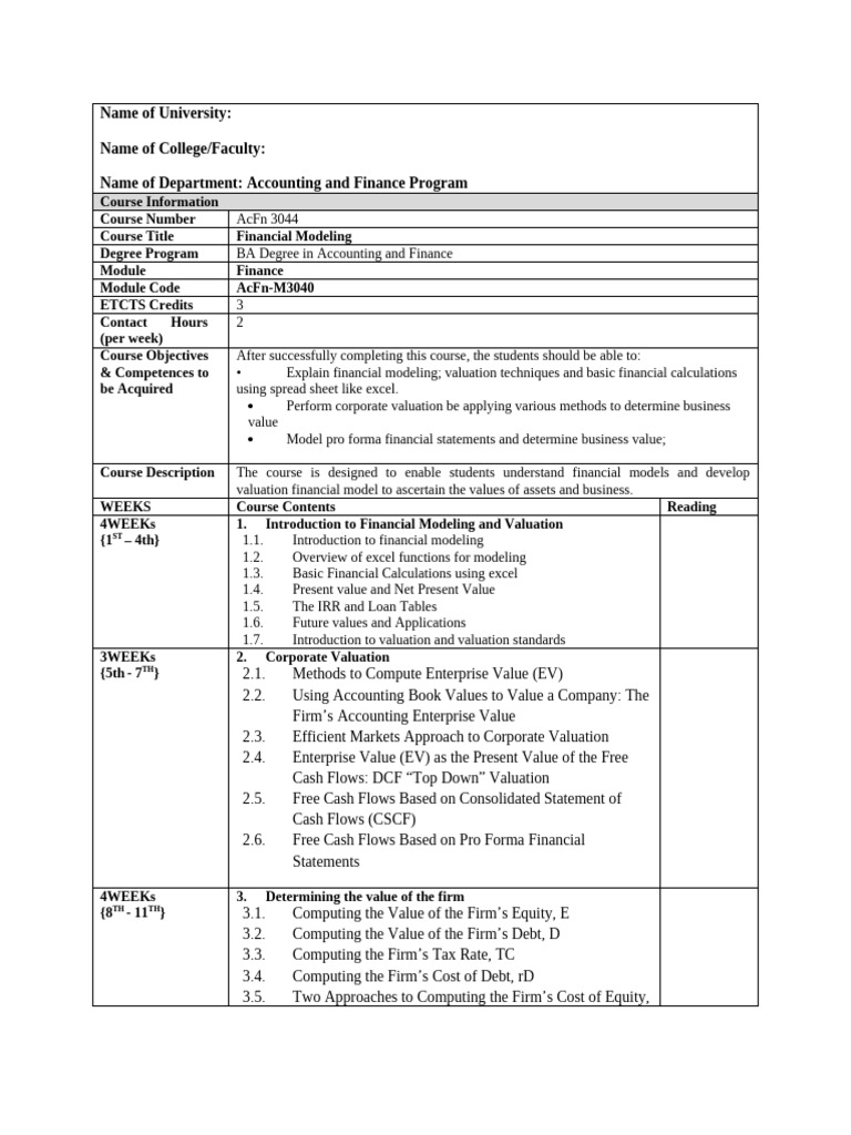 Financial Modeling Course Overview | PDF | Valuation (Finance ...