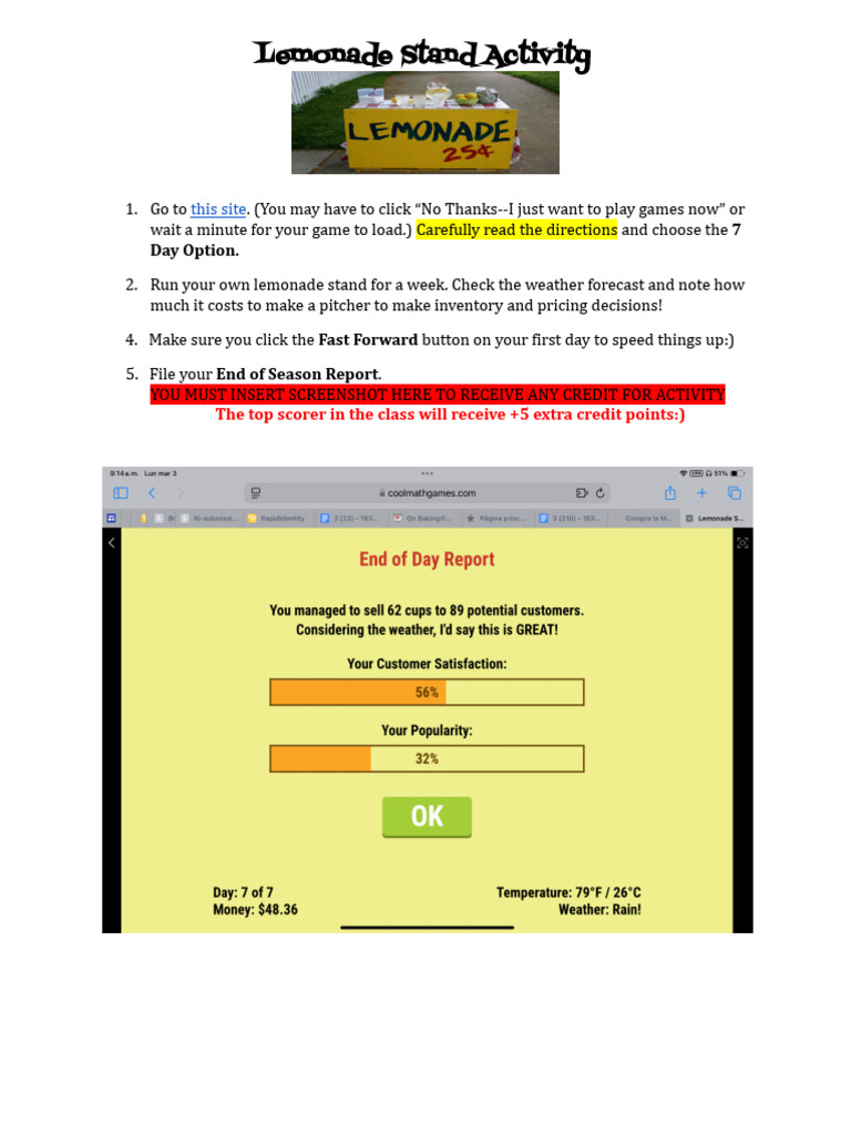 Lemonade Stand Activity 2024 Wendling | PDF