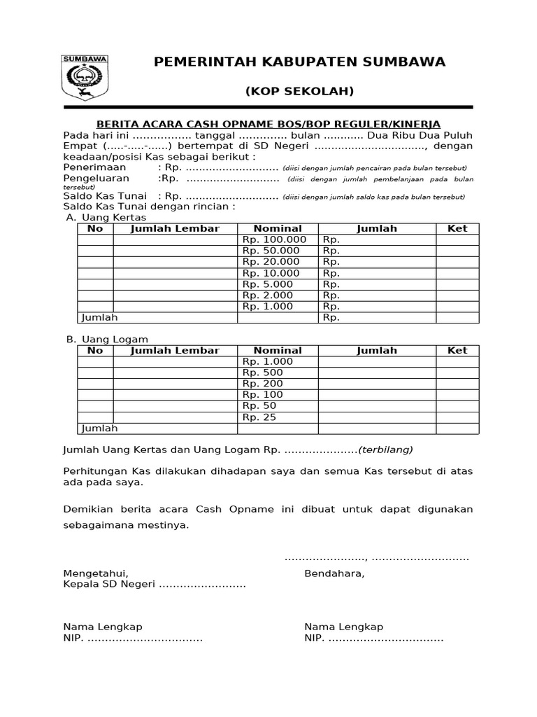 Berita Acara Cash Opname BOS 2024 | PDF
