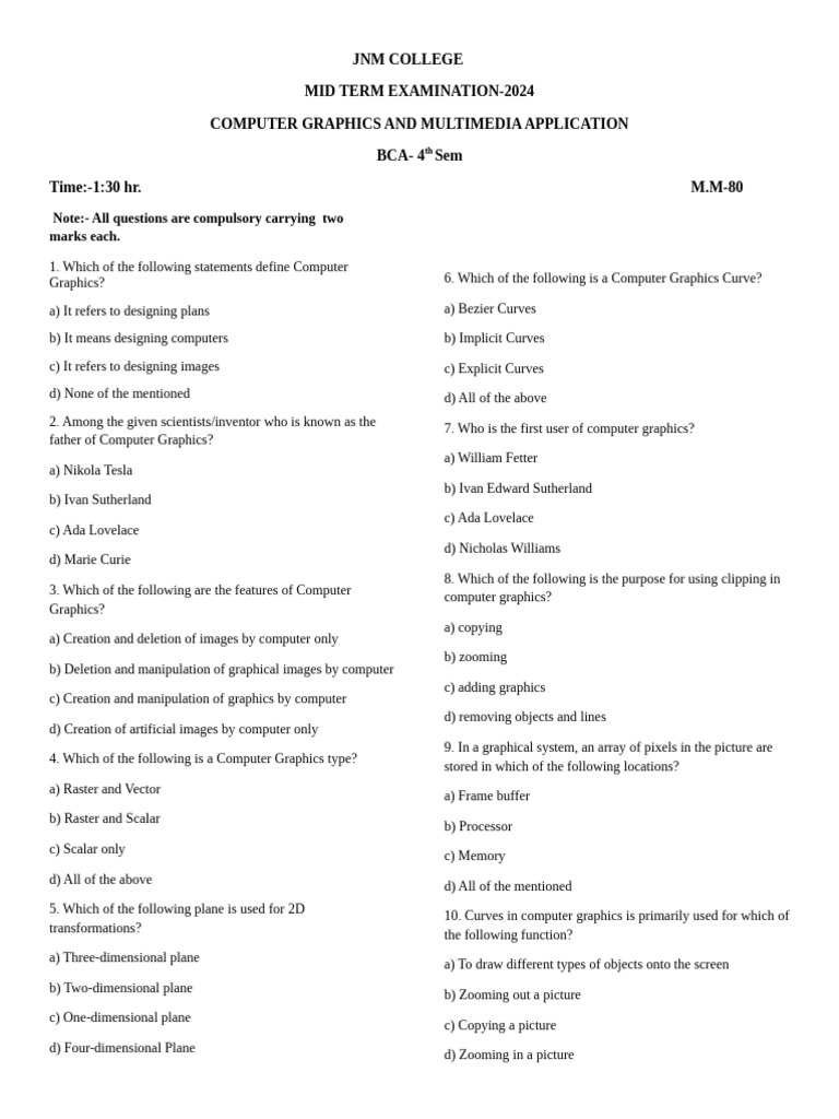 BCA 4th Sem Computer Graphics Exam | PDF | Computer Graphics | 2 D Computer Graphics