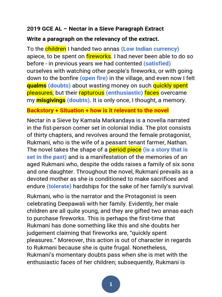 Nectar in Sieve - Extracted Paragraphs GCE AL 2019 and 2020 (2) | PDF