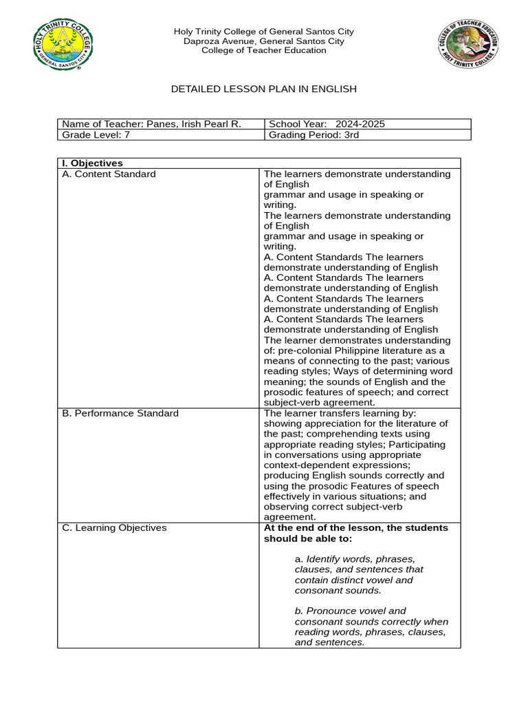 Grade 7 English Lesson Plan: Sounds | PDF | English Language | Consonant