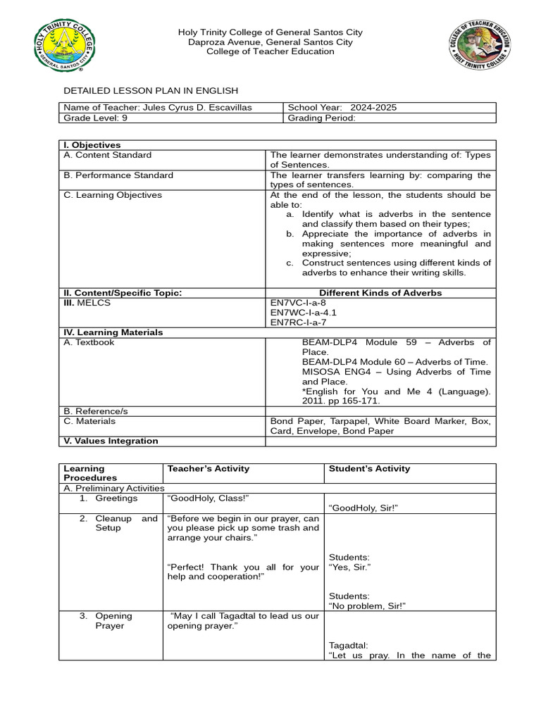 Lesson Plan Adverbs - Copy | PDF | Adverb | Learning