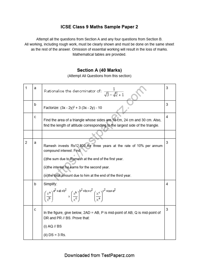 ICSE Class 9 Maths Sample Paper 2 | PDF | Area | Triangle