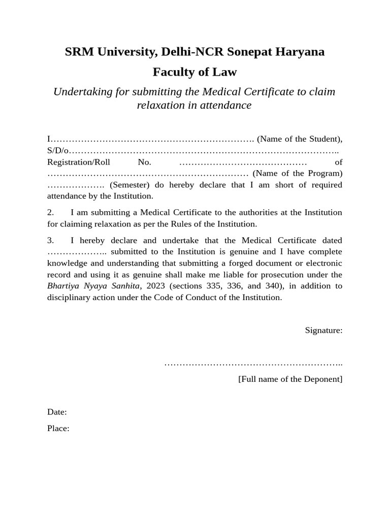 Medical Certificate Undertaking Form | PDF