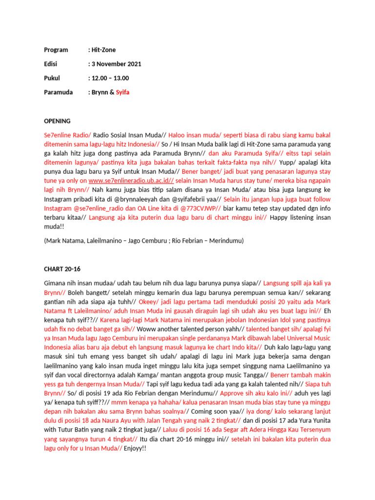Script Hit-Zone (Brynn & Syifa) - 10 November 2021 | PDF