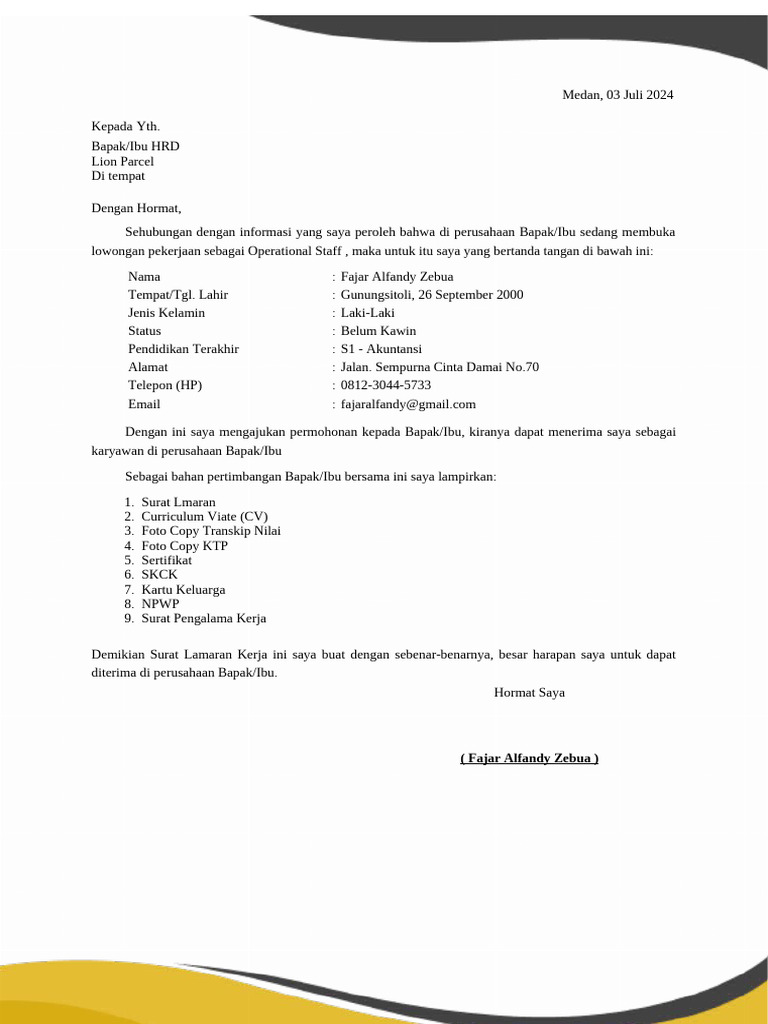 Surat Lamaran Pekerjaan Fajar Alfandy Zebua | PDF