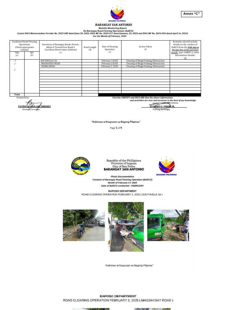 Barangay San Antonio Road Clearing Report | PDF | Philippines