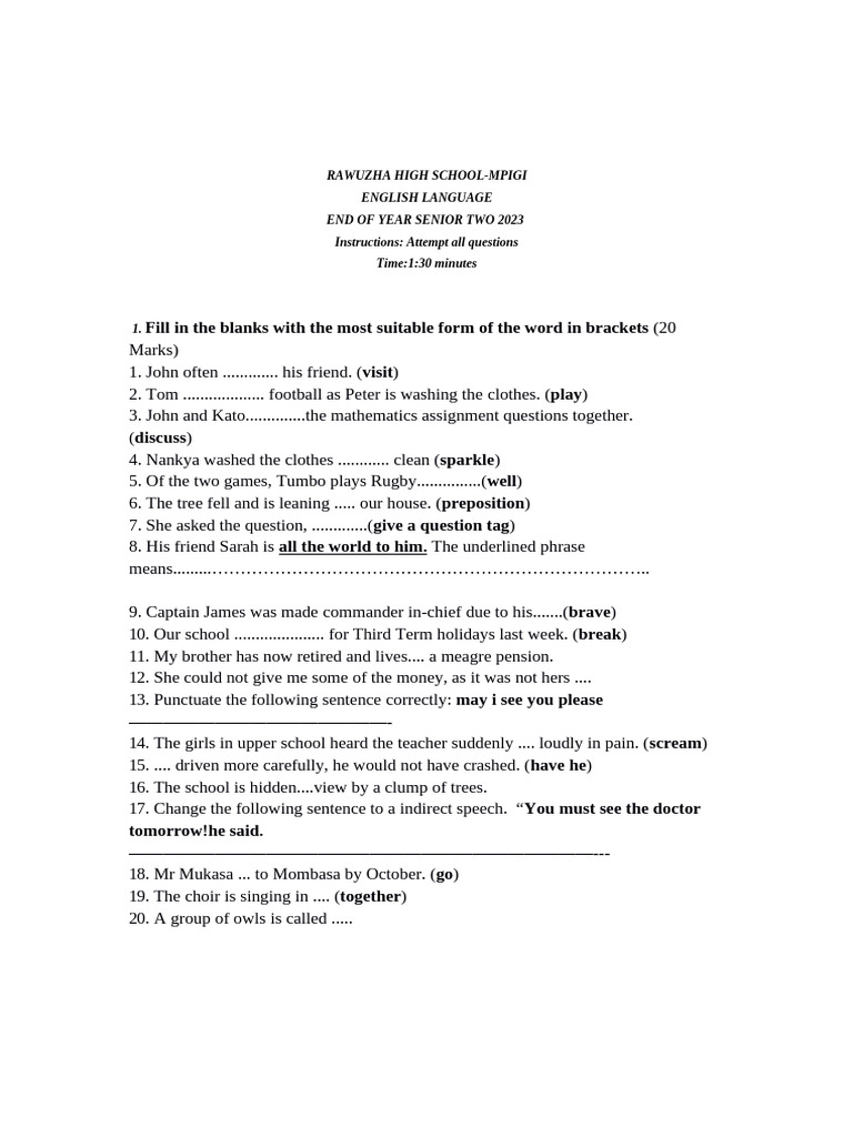 Senior Two English Exam 2023 | PDF | Linguistic Morphology | Language ...