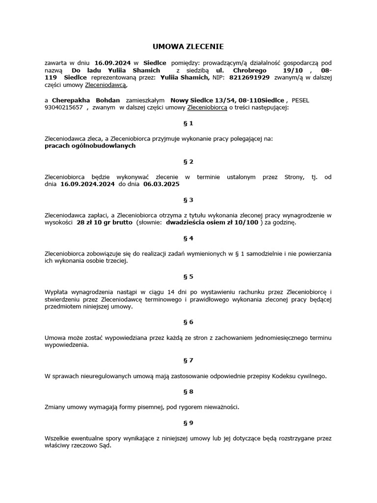 Cherepakha Bohdan - Umowa Zlecenie - 16.09.2024 - 06.03.2025 | PDF
