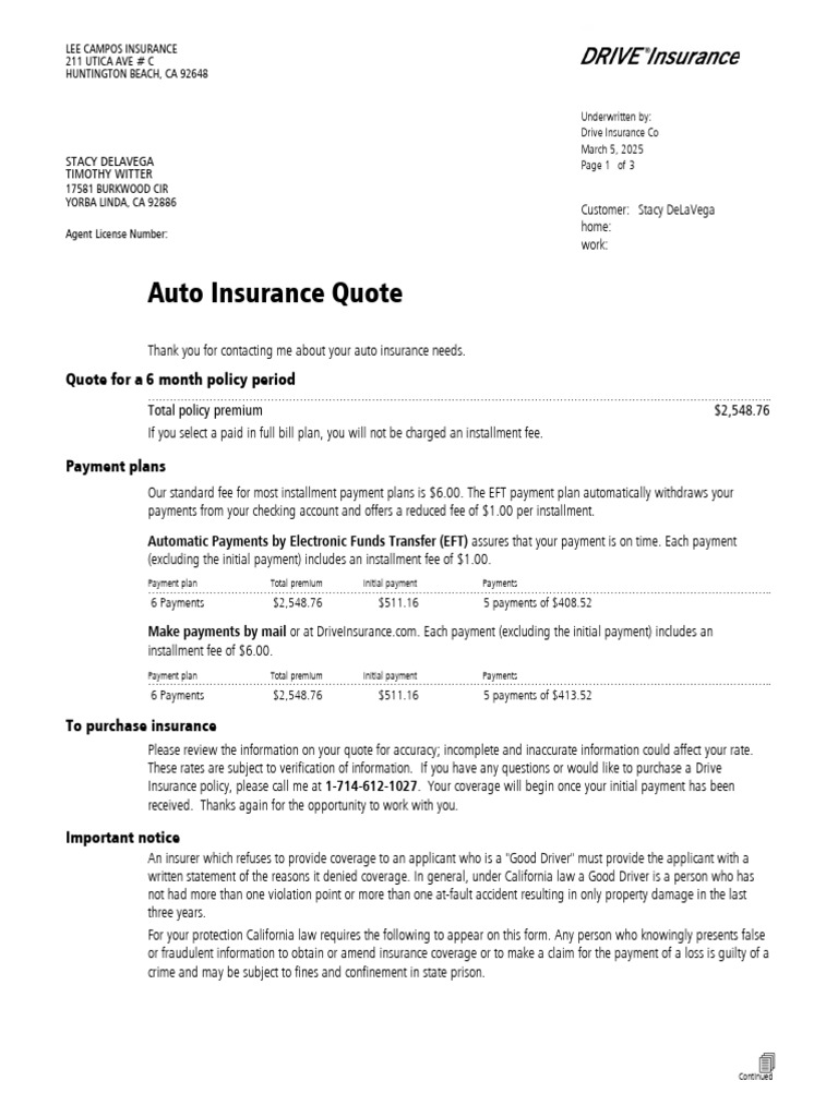 Auto Insurance Quote: Quote For A 6 Month Policy Period | PDF ...