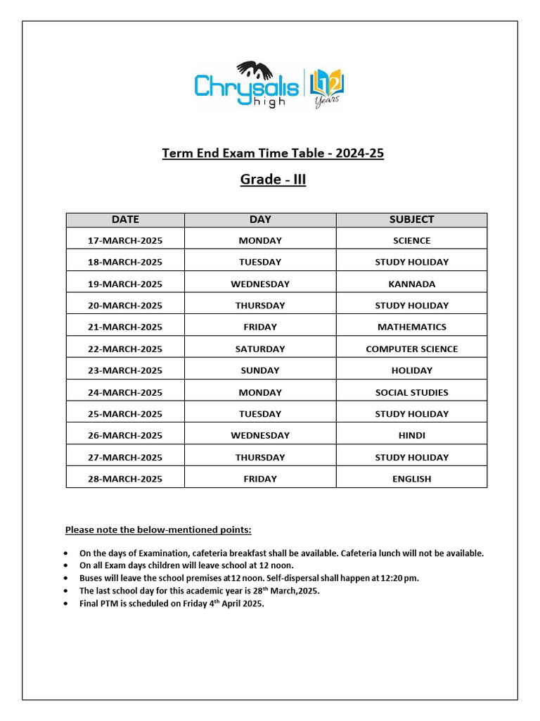 Grade 3 Exam Schedule 2025 | PDF