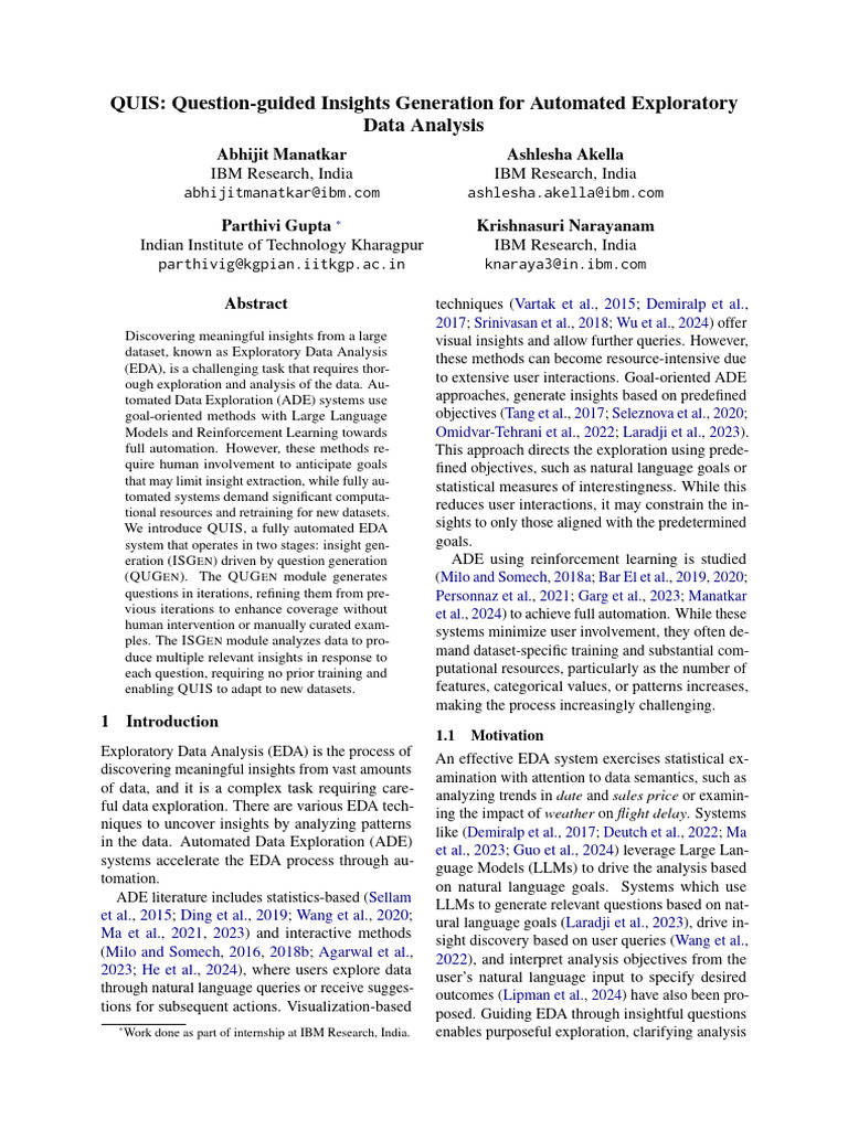 QUIS: Question-guided Insights Generation for Automated Exploratory Data Analysis | PDF ...