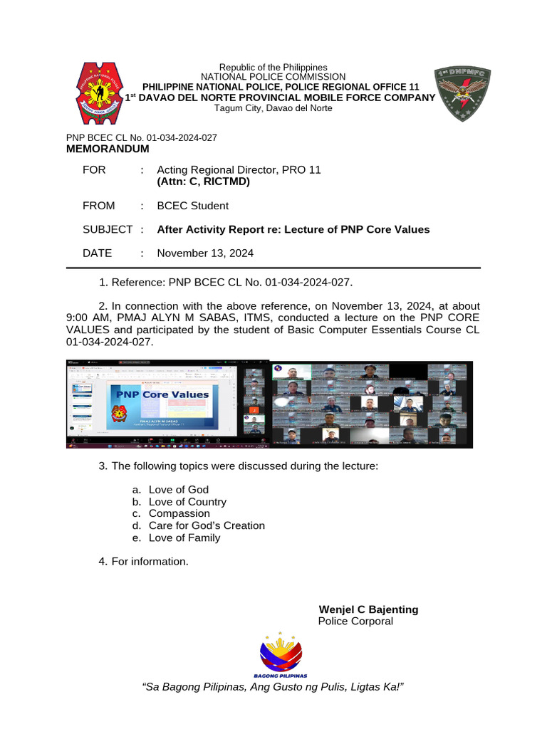 PNP Core Values Lecture Report | PDF
